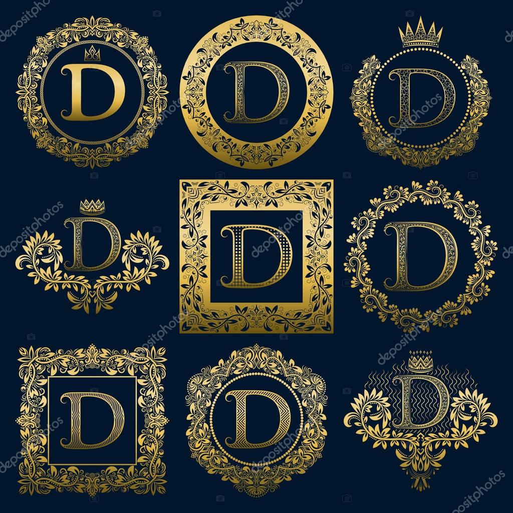Conjunto De Monogramas Vintage De Letra D Logotipos Heráldicos Dorados