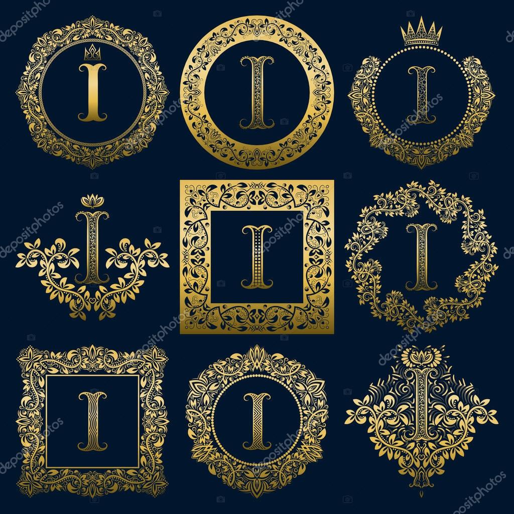 Conjunto De Monogramas Vintage De I Carta Logotipos Heráldicos Dorados