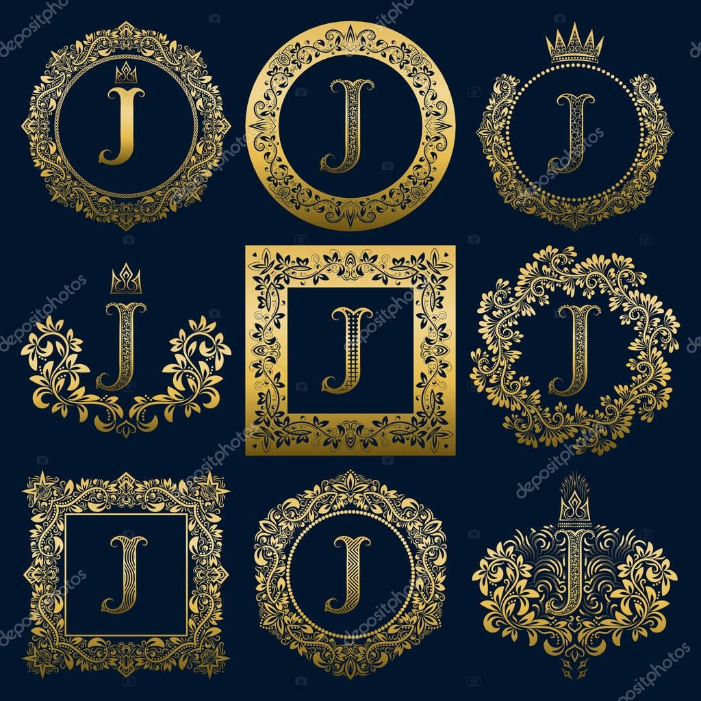 Conjunto De Monogramas Vintage De Letra J Logotipos Heráldicos Dorados
