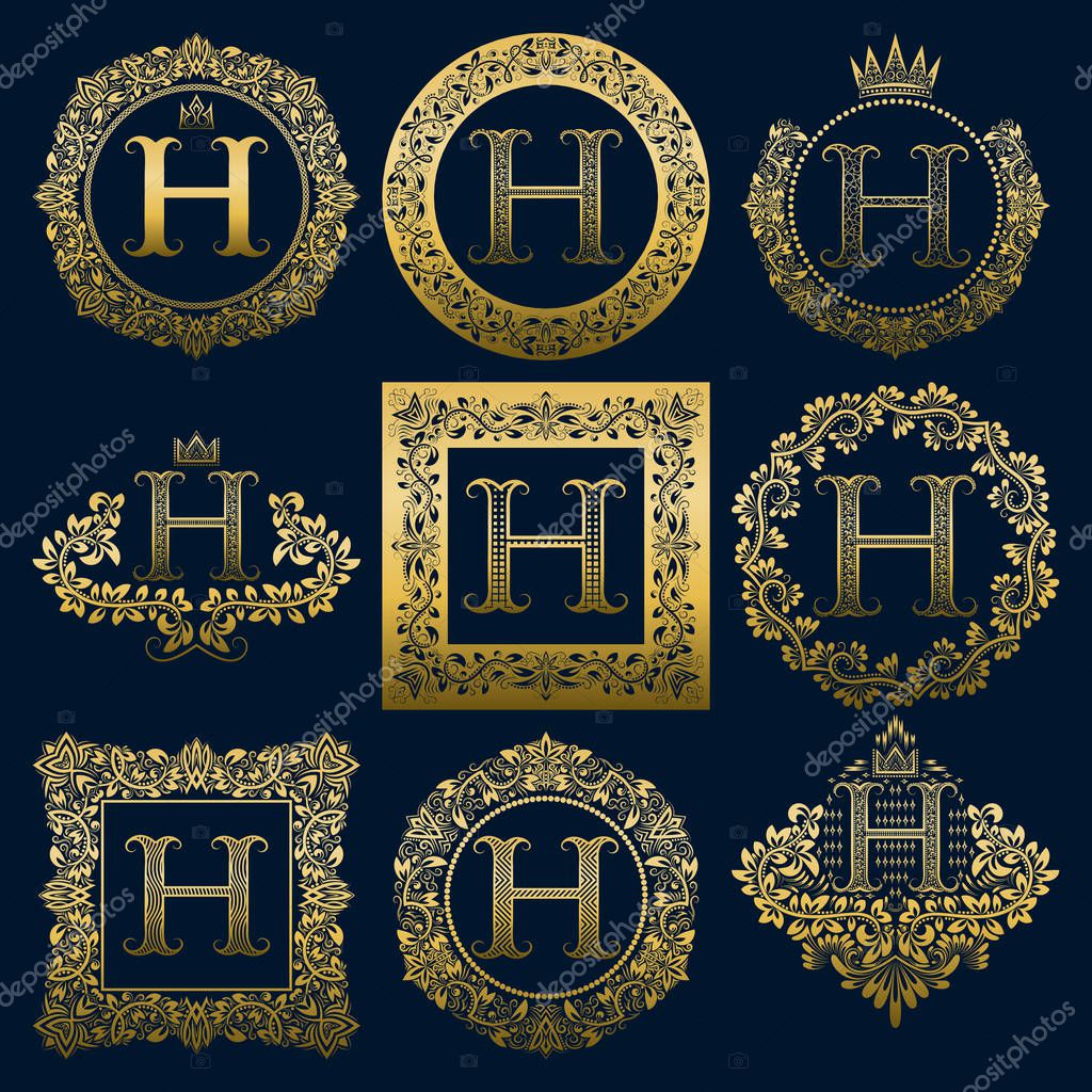 Conjunto De Monogramas Vintage De Letra H Logotipos Heráldicos Dorados