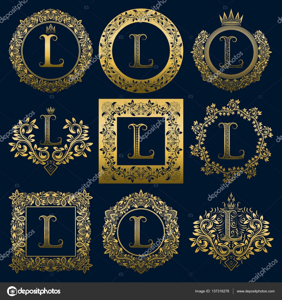 Conjunto De Monogramas Vintage De Letra L Logotipos Heráldicos Dorados
