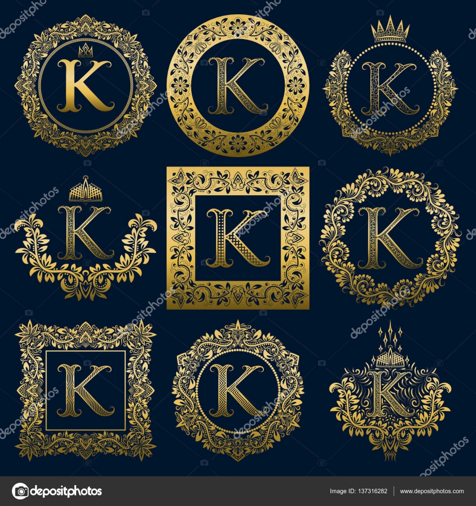 Conjunto De Monogramas Vintage De Letra K Logotipos Heráldicos Dorados