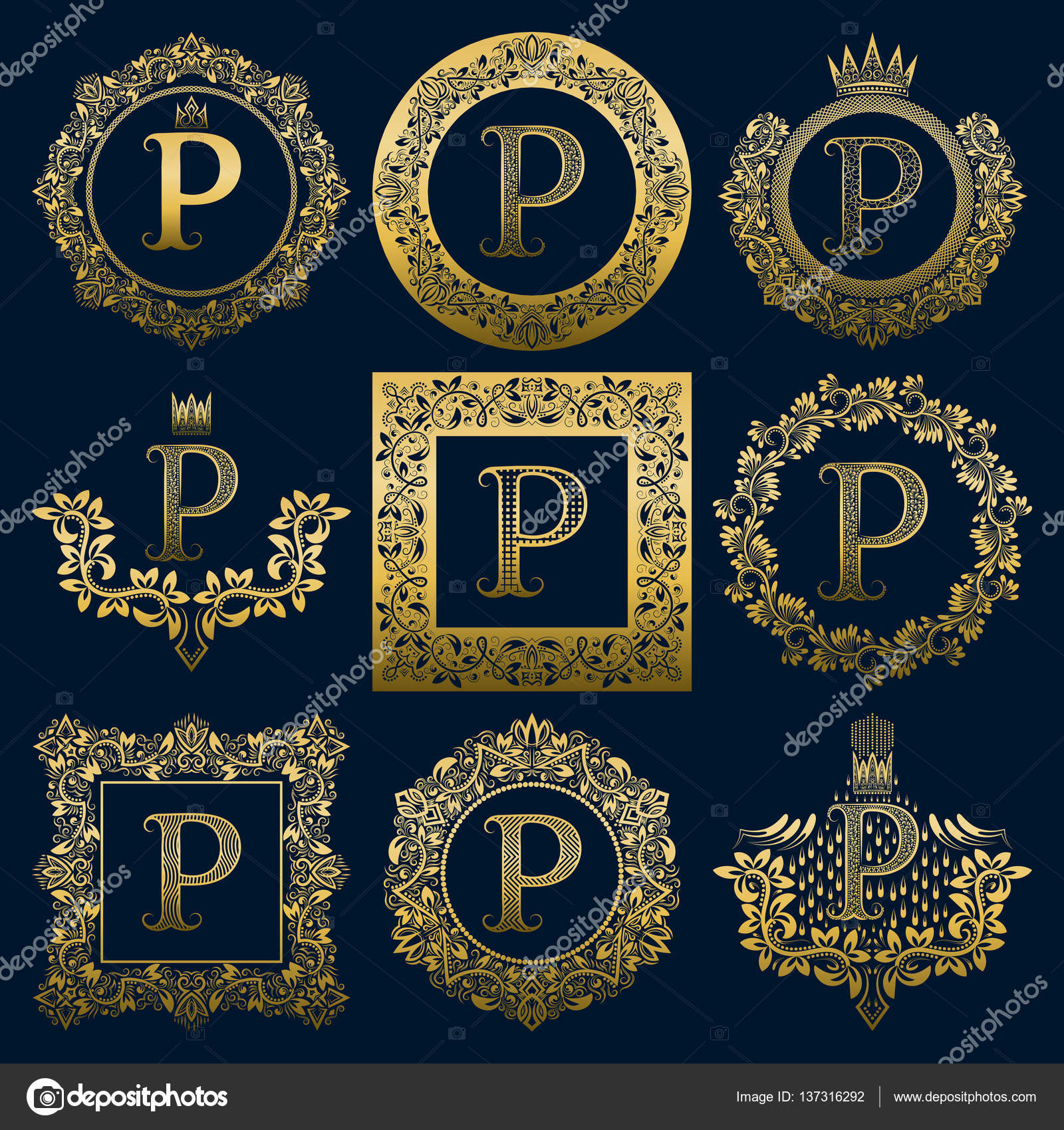 Conjunto De Monogramas Vintage De Letra P Logotipos Heráldicos Dorados