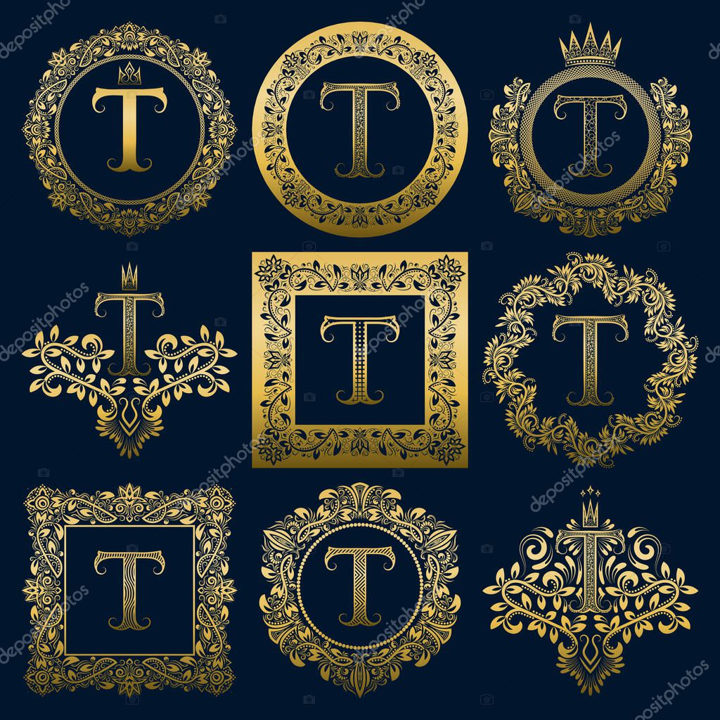 Conjunto De Monogramas Vintage De Letra T Logotipos Heráldicos Dorados