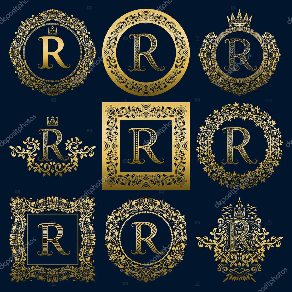 Conjunto De Monogramas Vintage De Letra R Logotipos Heráldicos Dorados