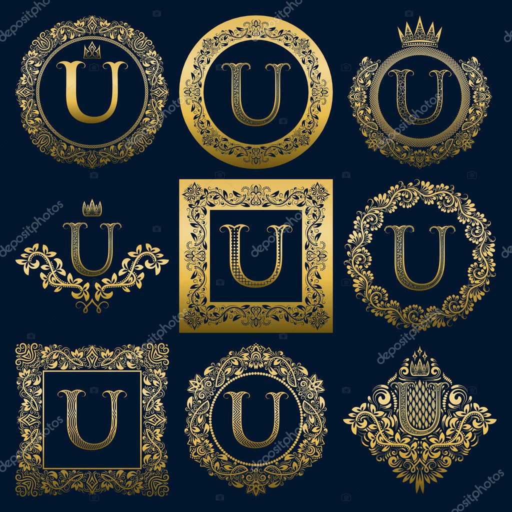 Conjunto De Monogramas Vintage De Letra U Logotipos Heráldicos Dorados