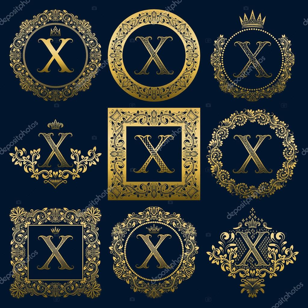 Conjunto De Monogramas Vintage De Letra X Logotipos Heráldicos Dorados