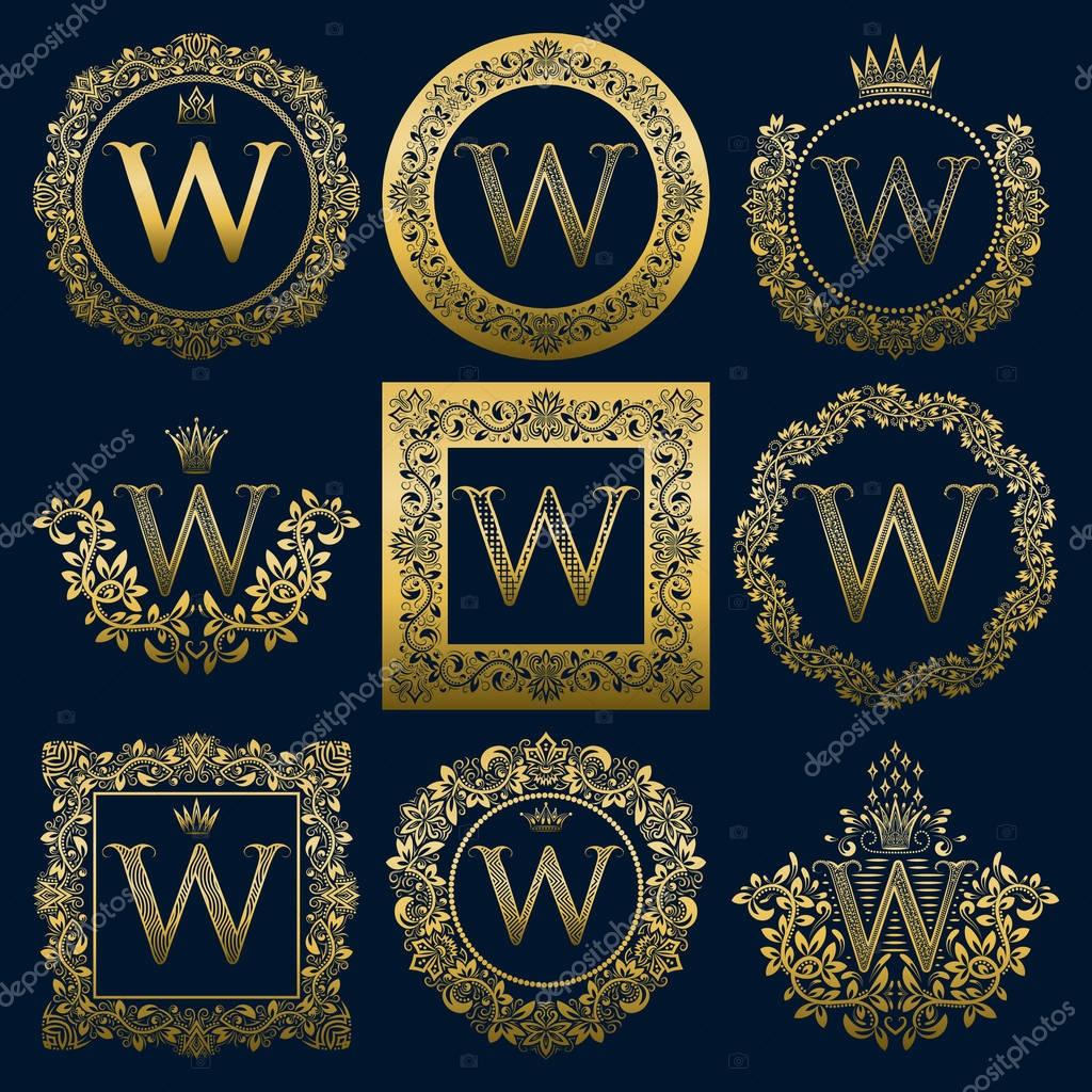Conjunto De Monogramas Vintage De Letra W Logotipos Heráldicos Dorados