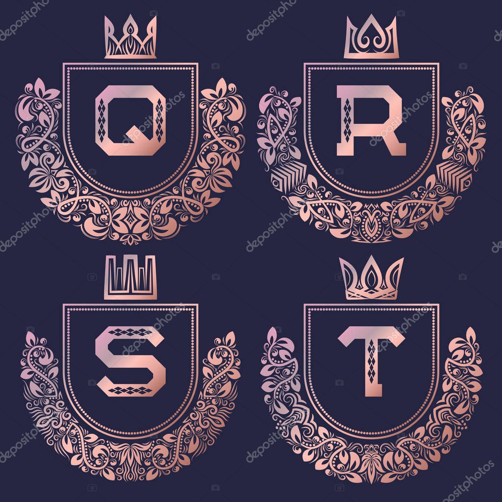 Escudo de armas de oro rosa de estilo barroco. Logotipos vintage rosa ...