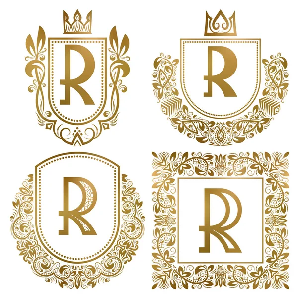 Golden letter K vintage monograms set. Heraldic coats of arms, round ...