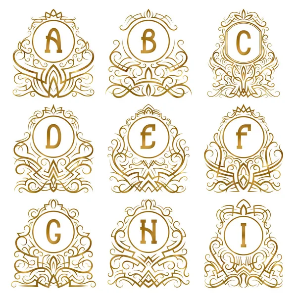 Golden vintage monograms of letters from J to R in patterned frames ...