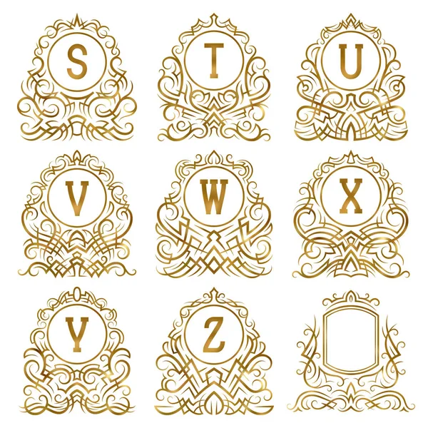 Golden vintage monograms of letters from J to R in patterned frames ...