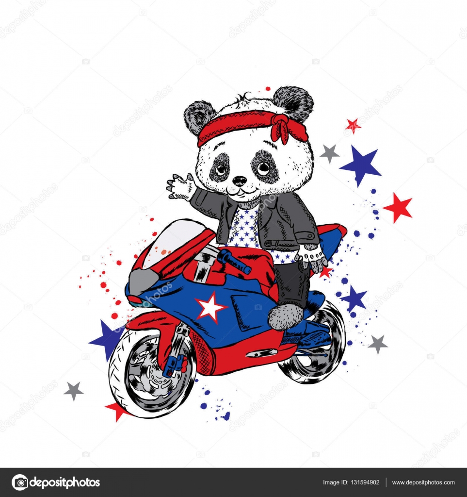 Lindo panda en moto. Panda - motorista. Oso Divertido. Ilustración ...