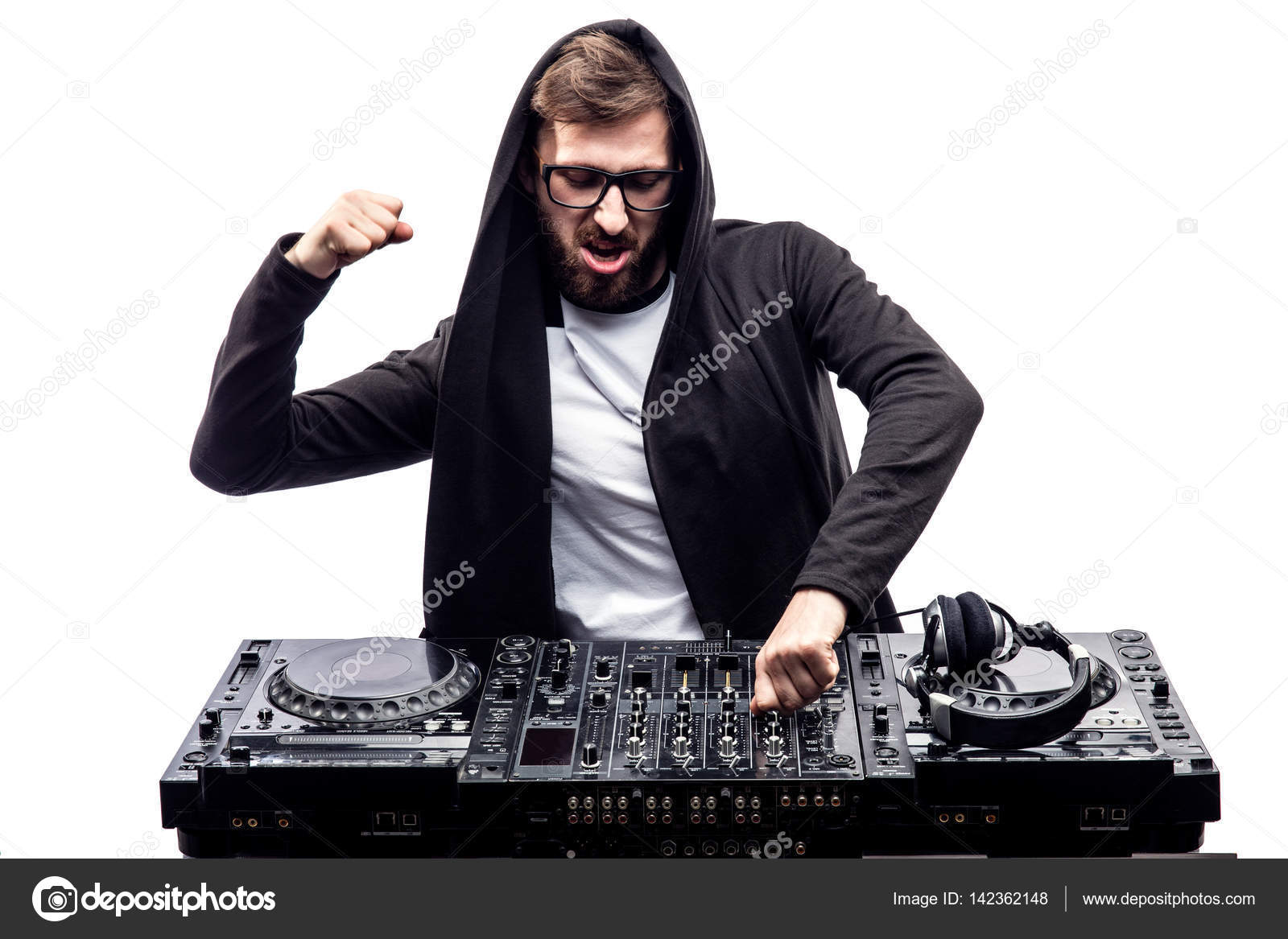 Trendy male dj posing against mixing console Stock Photo by ©zamuruev ...