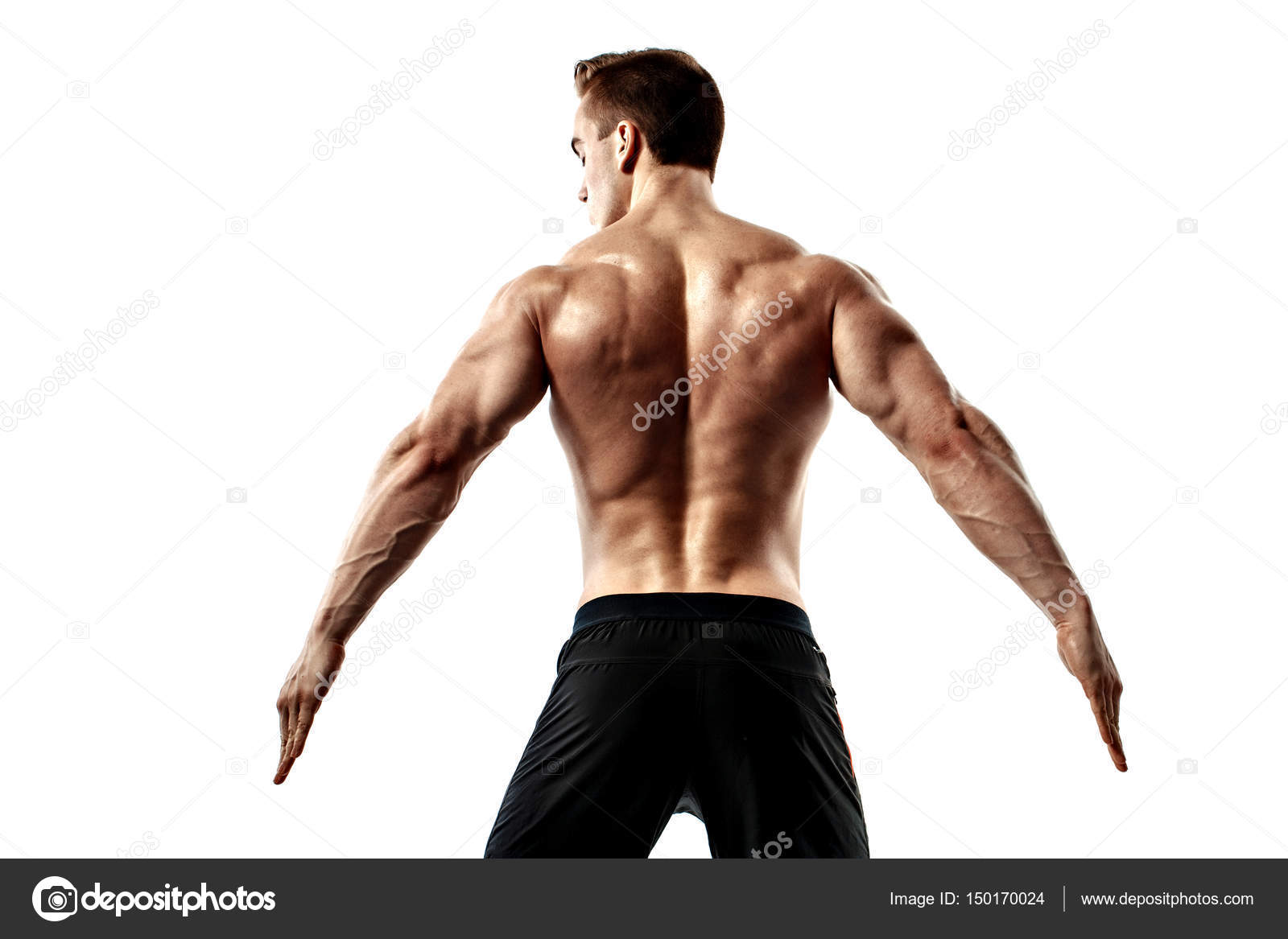 Back view of Unrecognizable man, strong muscles posing with arms down ...