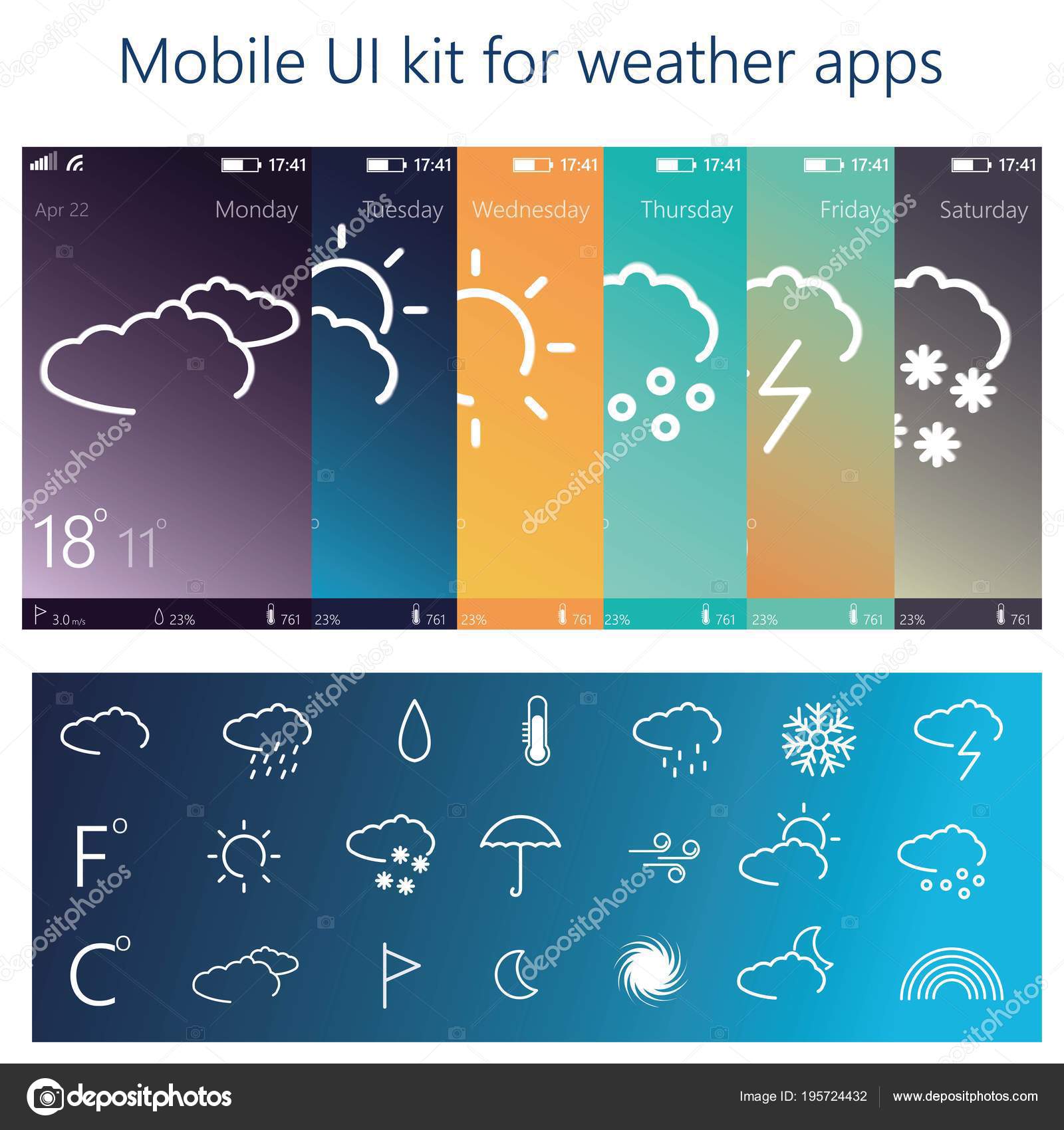 Weather App Mobile Kit Material Design Gui Responsive Web Design Stock ...