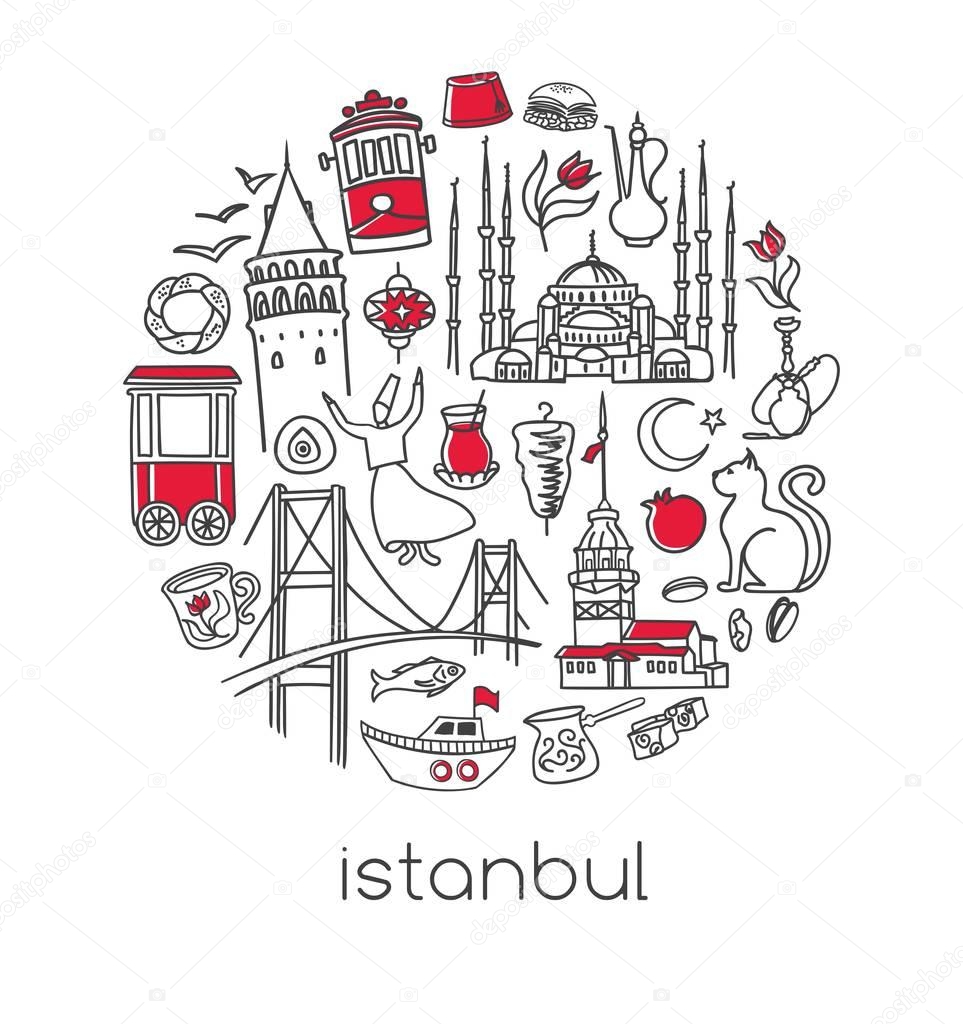 Modern Vector Illustration Istanbul Circle Composition Hand Drawn ...