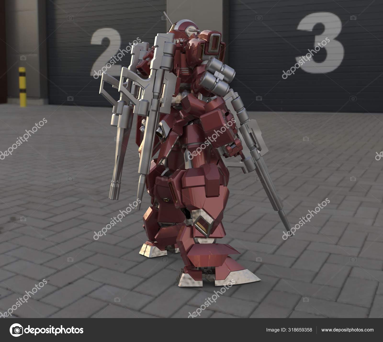 Sci-fi mech soldier standing on a landscape background. Military ...