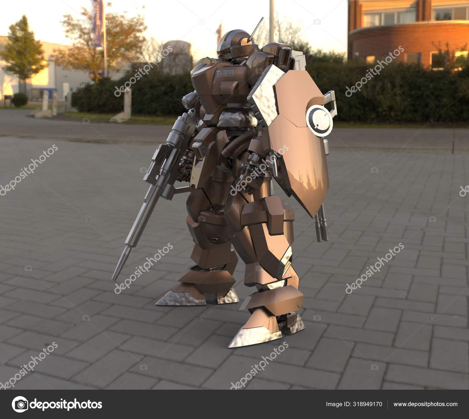 Sci-fi mech soldier standing on a landscape background. Military ...