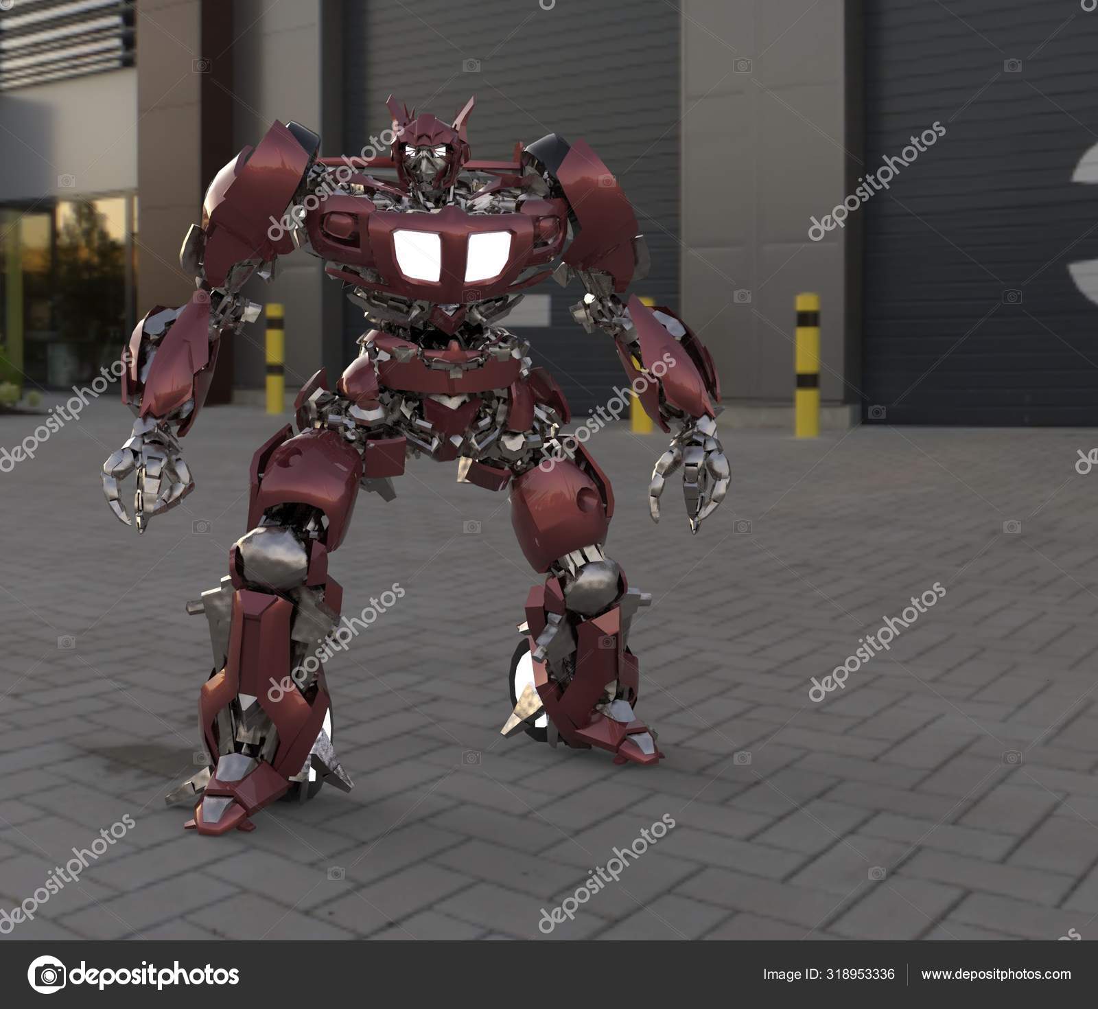 Sci-fi mech soldier standing on a landscape background. Military ...