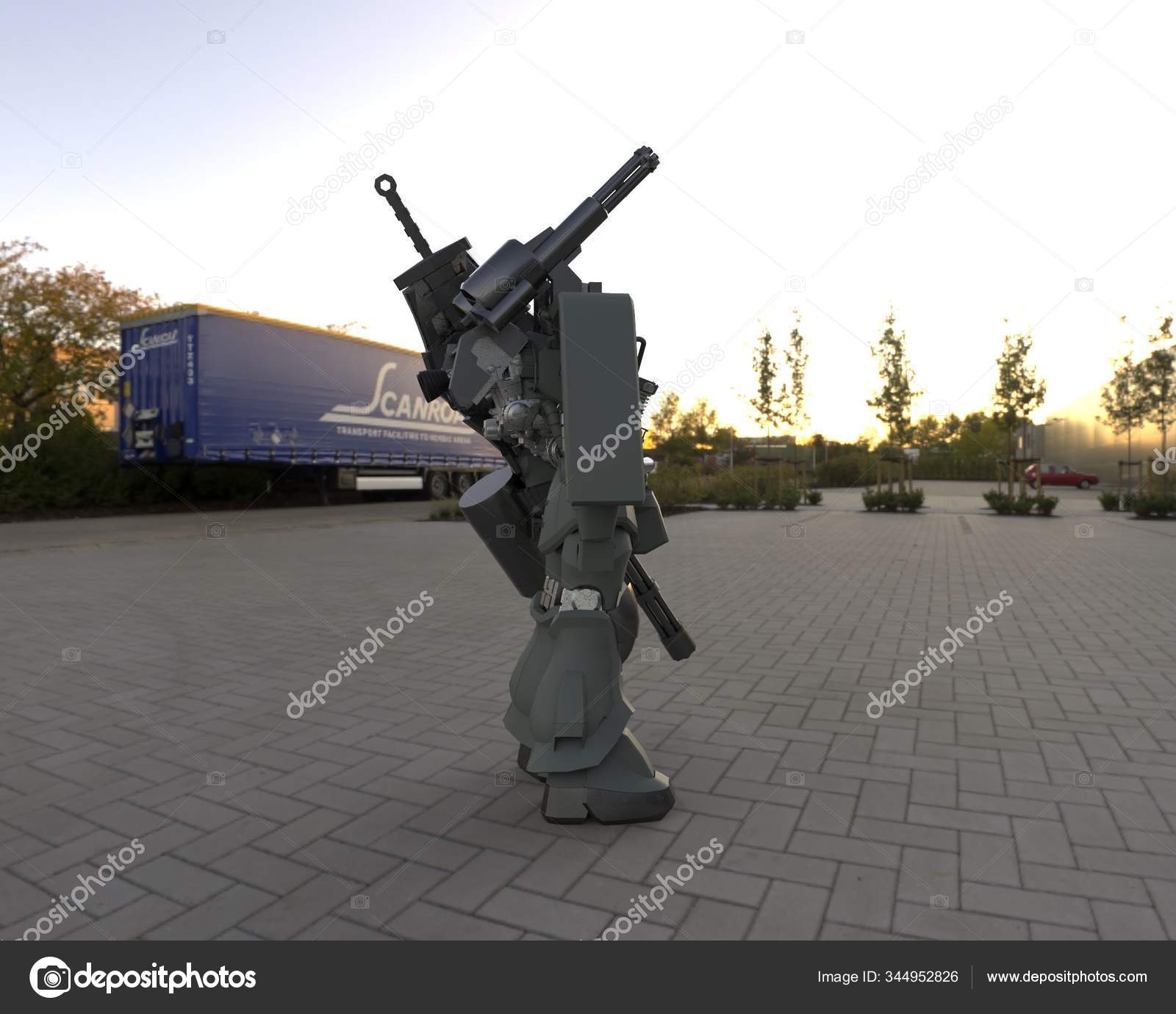 Sci-fi mech soldier standing on a landscape background. Military ...