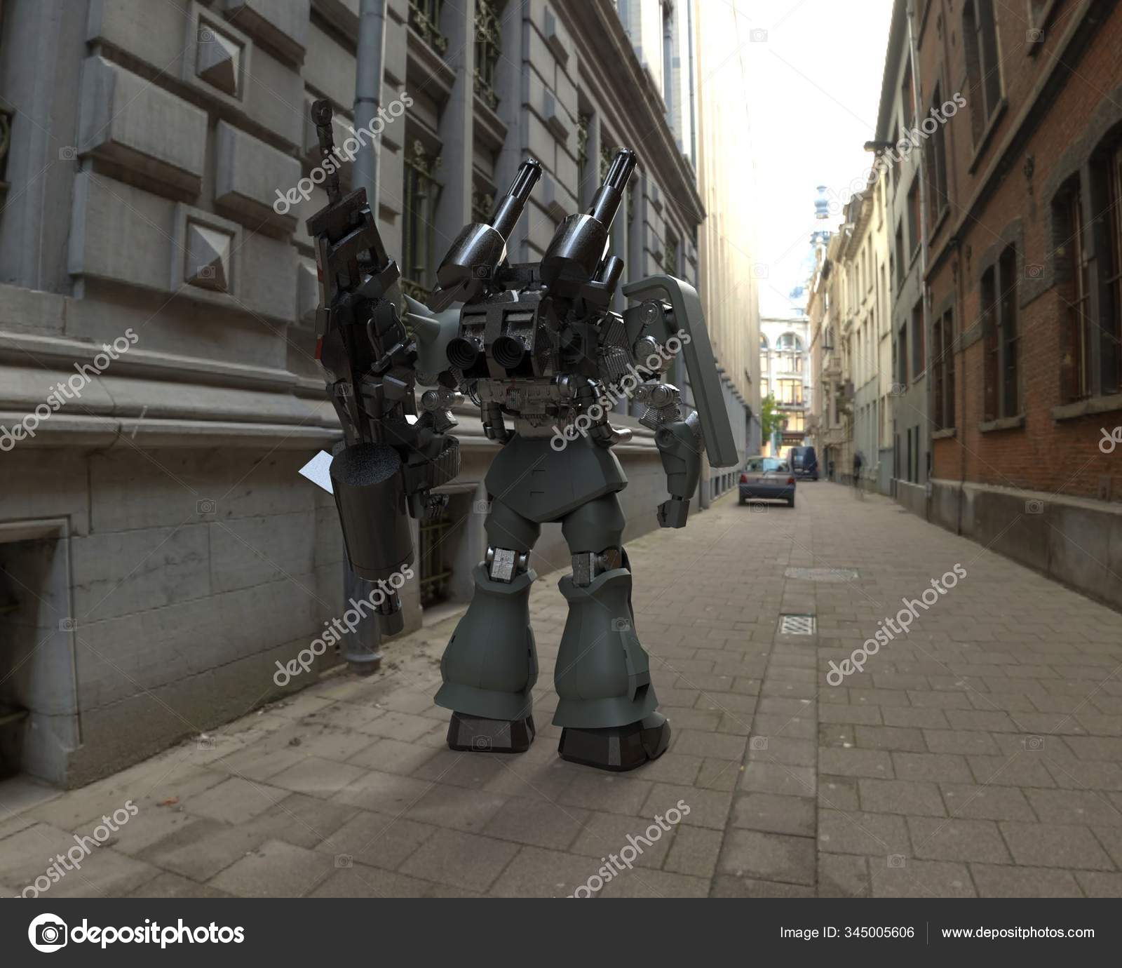 Sci-fi mech soldier standing on a landscape background. Military ...