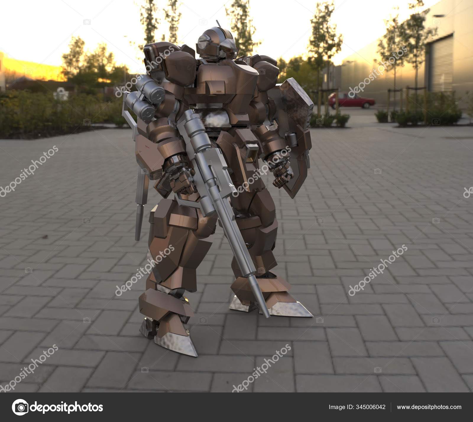 Sci-fi mech soldier standing on a landscape background. Military ...