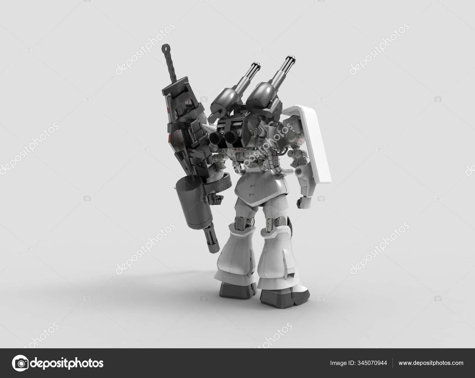 Sci-fi mech soldier standing on a landscape background. Military ...