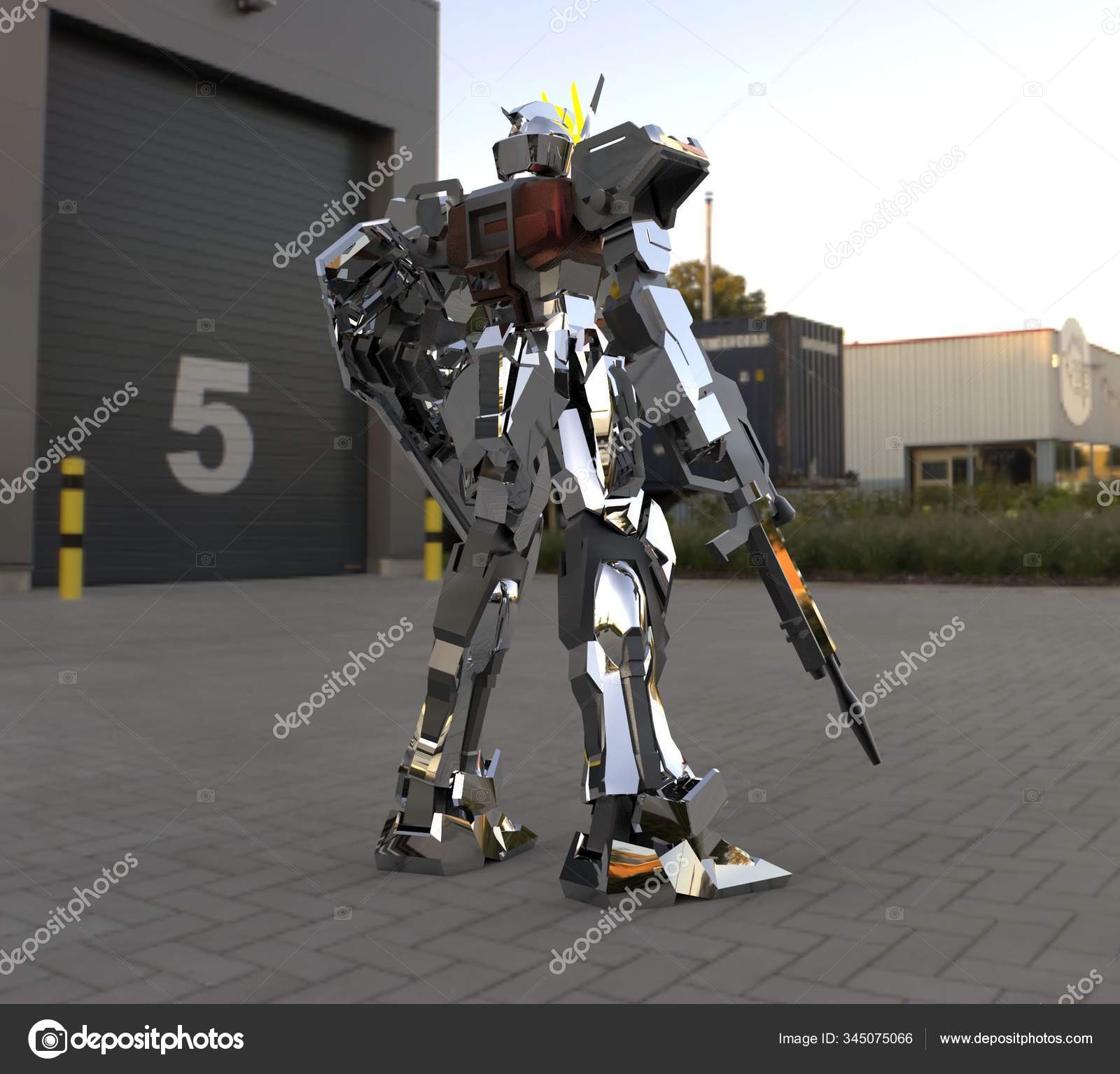Sci-fi mech soldier standing on a landscape background. Military ...