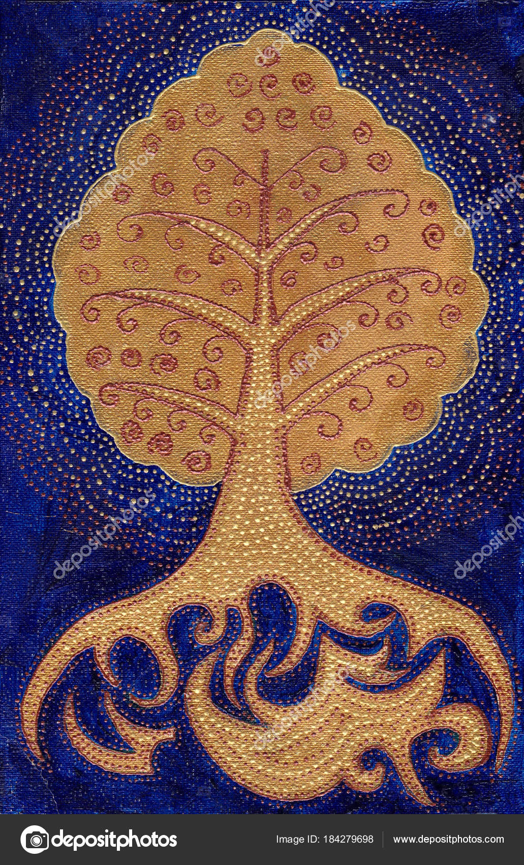 Golden Bodhi tree symbol on dark blue background. Abstract Luxury style ...