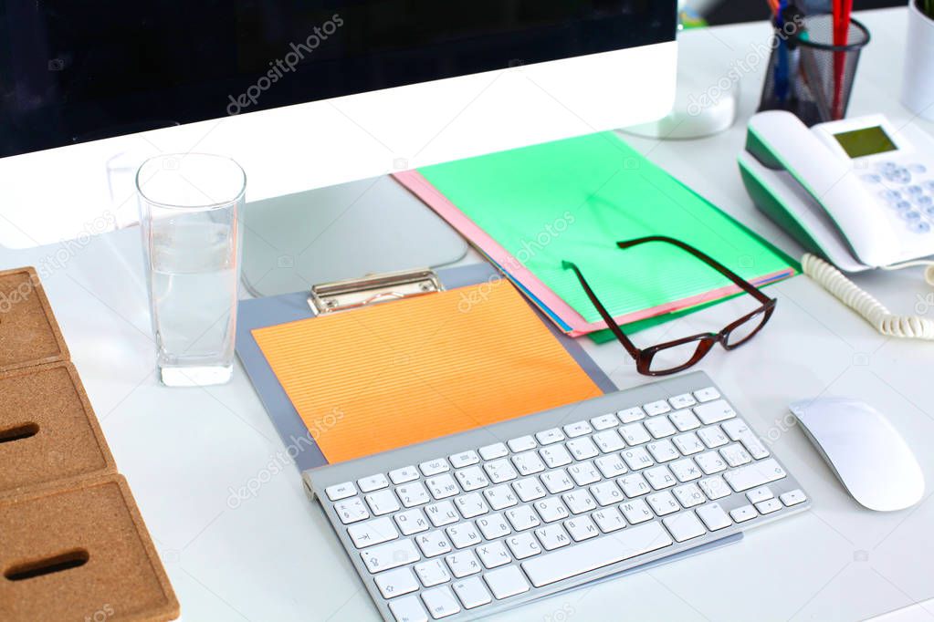 Office working desk with computer and paperwork Stock Photo by ...