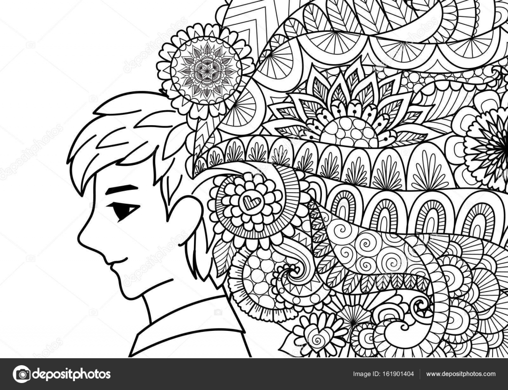 Happy smart creative boy with floral doodle flowing out of his head ...