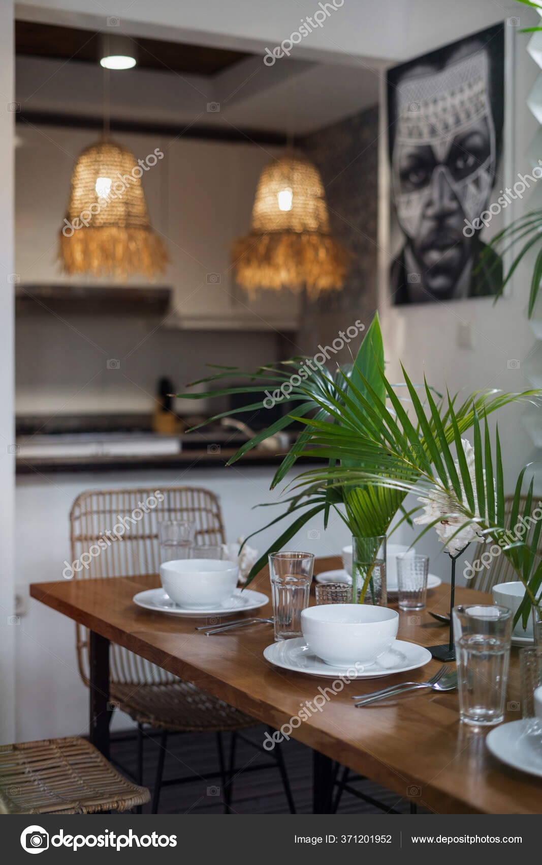 Vertical Photo Selective Focus Table Setting Modern Cozy Kitchen White ...