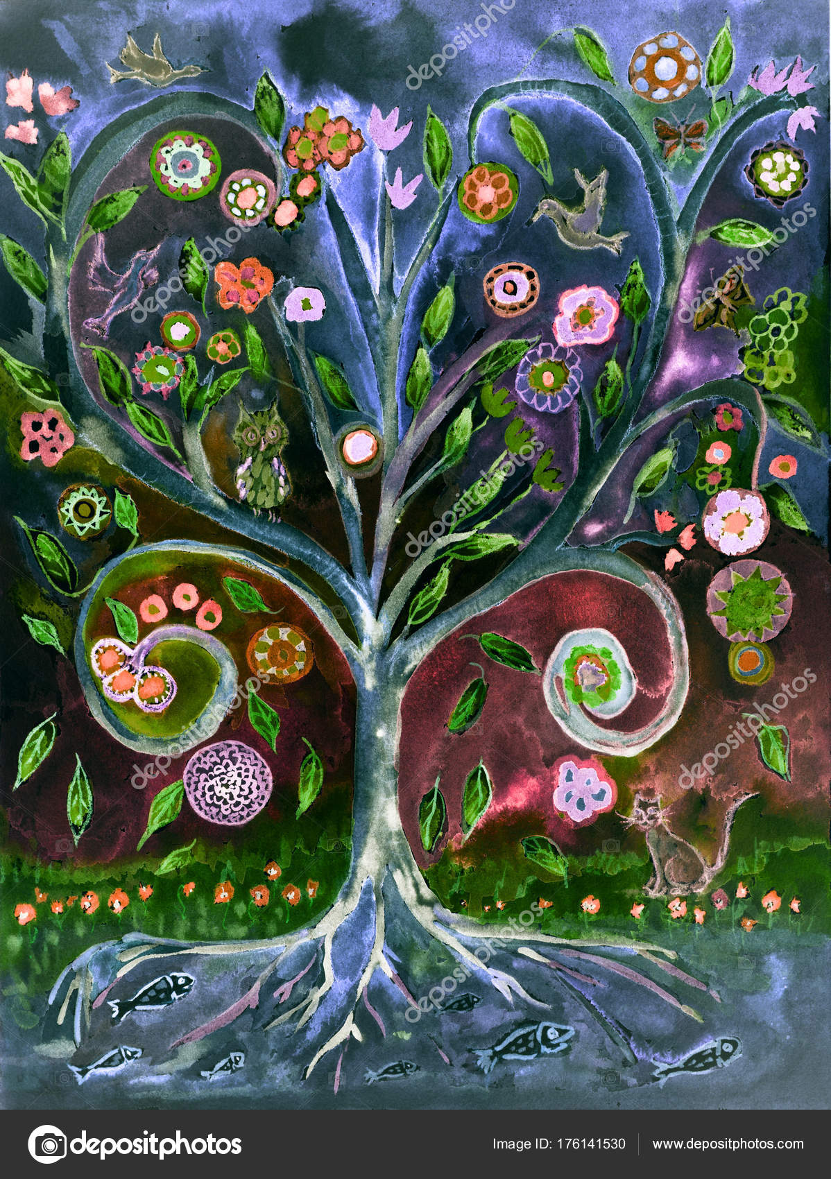 Folk Art Tree Life Night Dabbing Technique Gives Soft Focus Stock ...