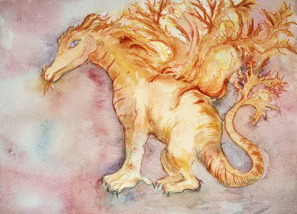 Young dragon in fire and flames. The dabbing technique near the edges ...