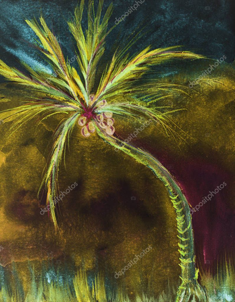 Palmera psicodélica de coco dorado. La técnica de frotamiento cerca de ...