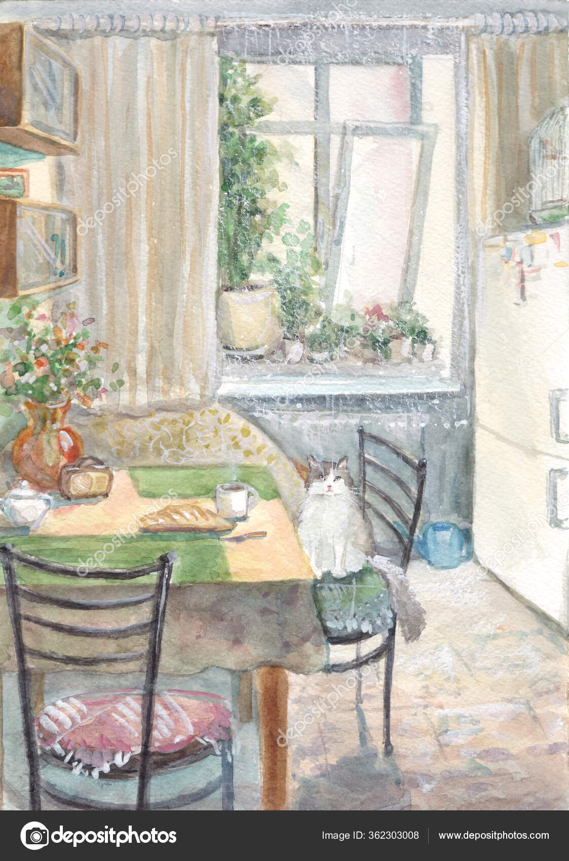 Cute Interior Morning Kitchen Watercolor Illustration Stock ...