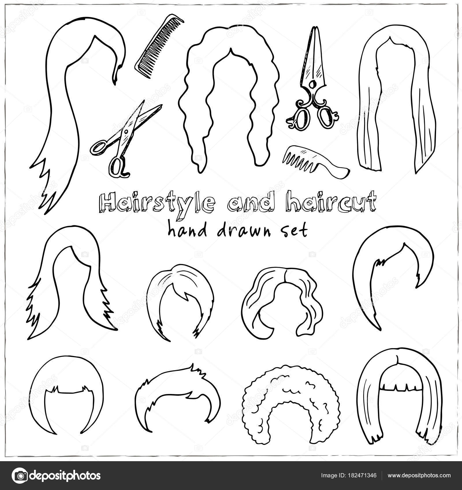 Hand drawn doodle hairstyle and haircut set. Stock Illustration by ...