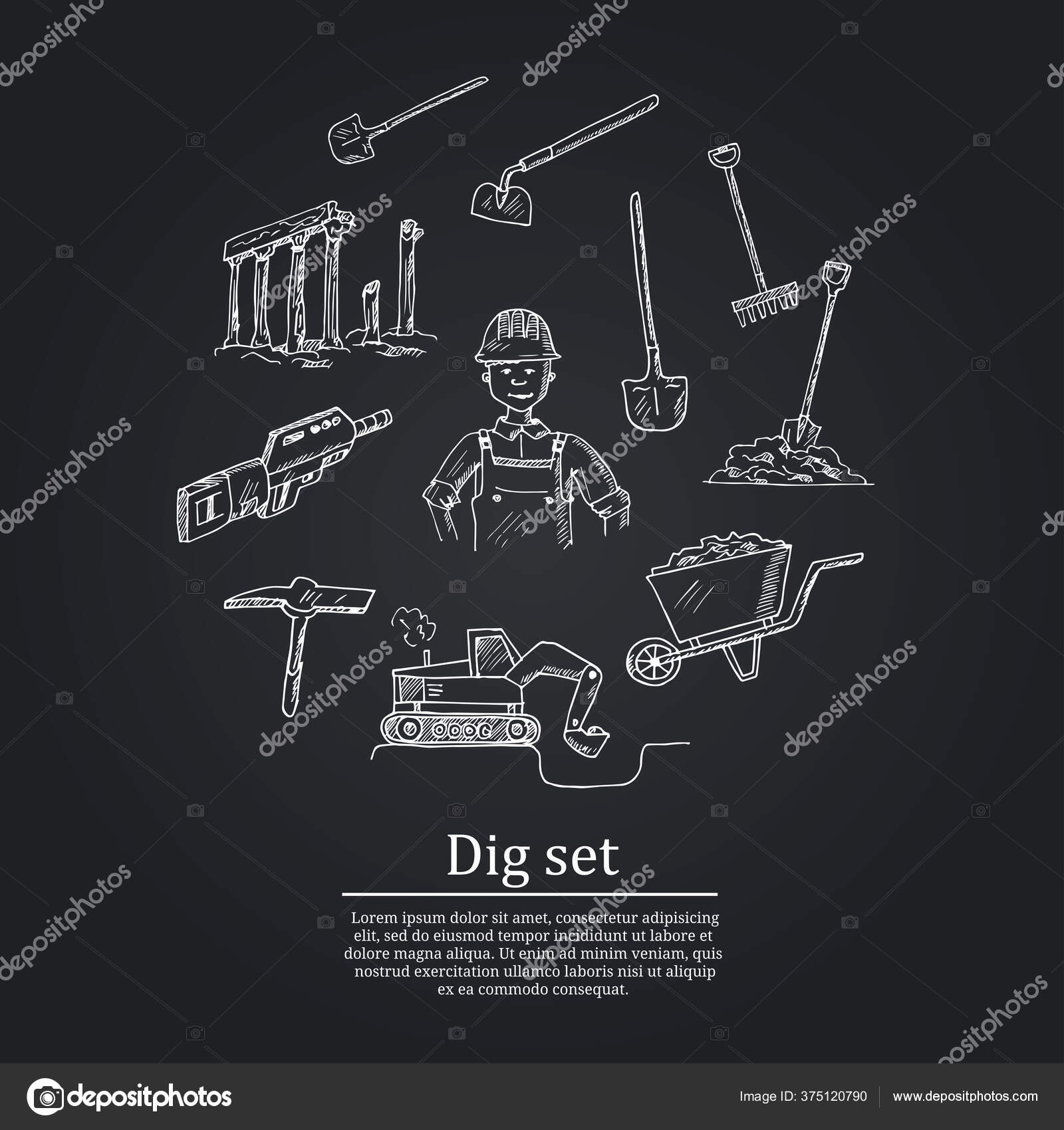 Dig hand drawn doodle set. Vector illustration. Isolated elements on ...