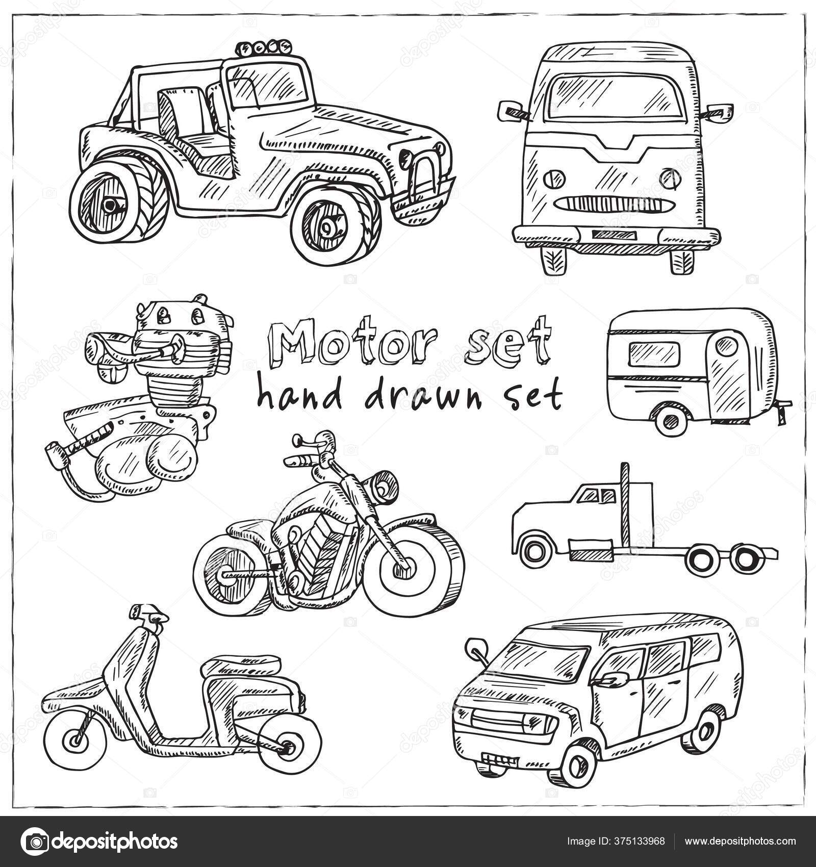 Motor hand drawn doodle set. Isolated elements on white background ...
