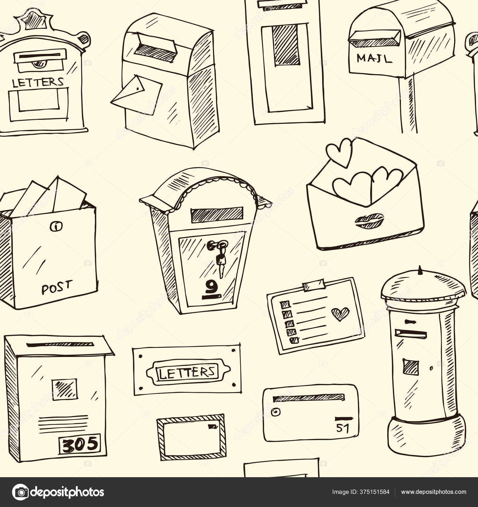 Letter box hand drawn doodle seamless pattern. Isolated elements on ...