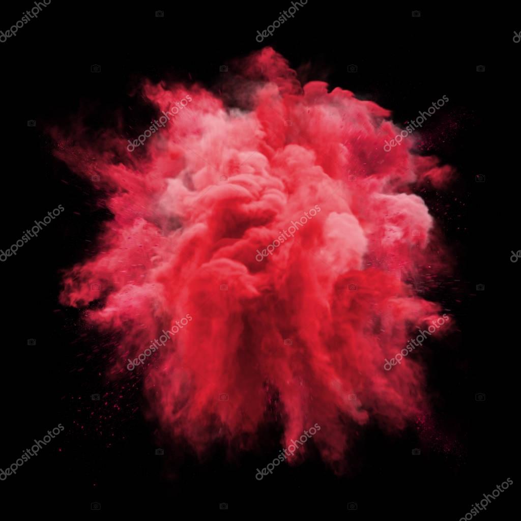 Paint powder red color explosion particle dust cloud splash abstract ...
