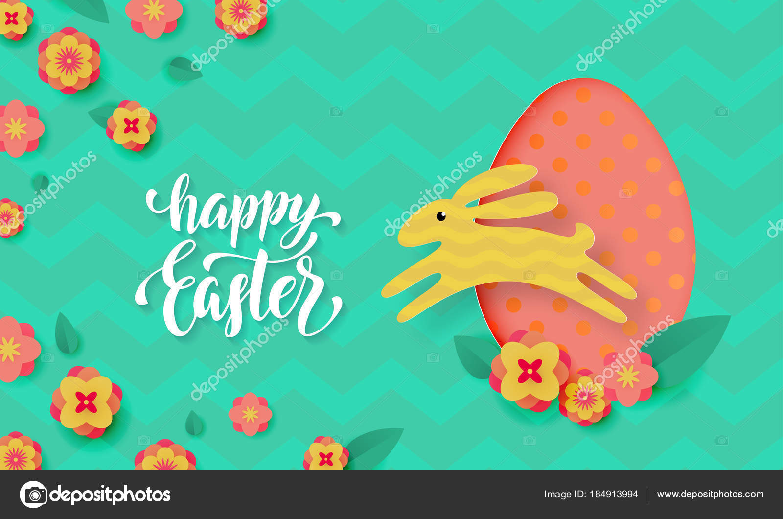 Vector Easter card with cute color paper cut Easter egg, jumping bunny ...