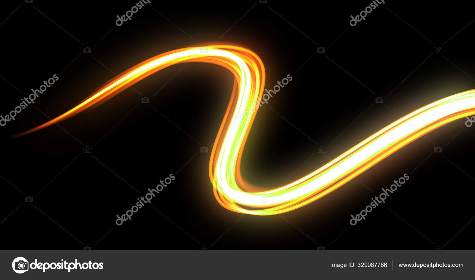 Light wave curve trail path, yellow bright neon glowing flash trace ...