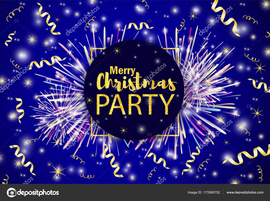 Gold text Merry Christmas Party and ribbons on the bright backgr Stock ...