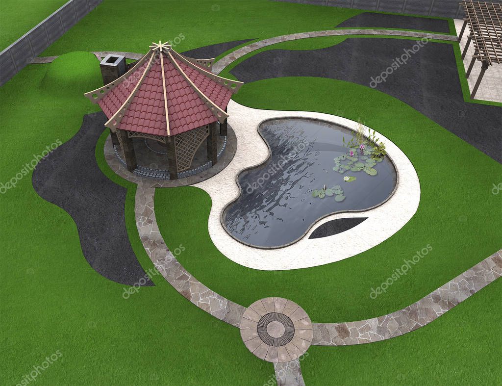 Ideas de diseño de patio trasero aéreo, 3d render 2025