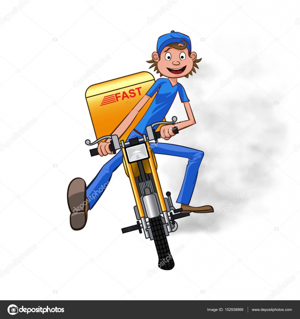 Young man working the fast delivery. Riding on yellow motorbike for ...
