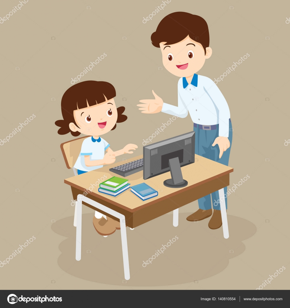 Profesora enseñando informática a alumna Vector de stock por ...