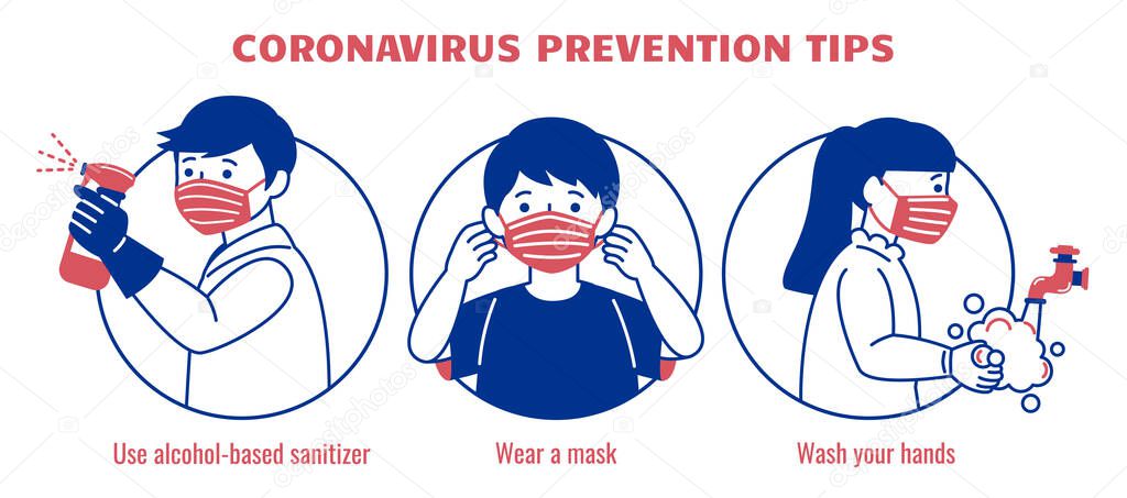 Promo de precaución COVID-19 en estilo plano, con 3 consejos de protección efectivos incluyendo ...