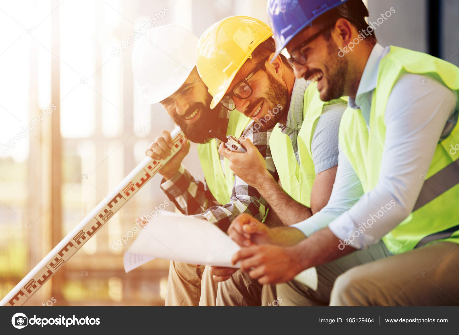 Portrait Construction Engineers Working Building Site Together Stock ...